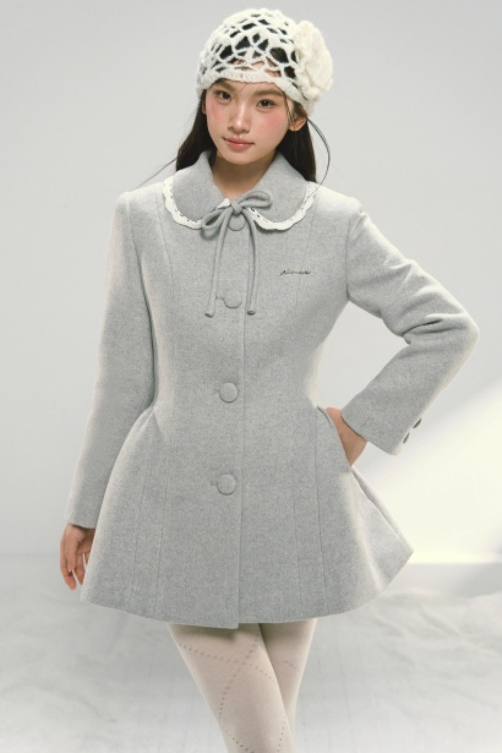 Light Gray Bow Woolen Coat – BellaModa