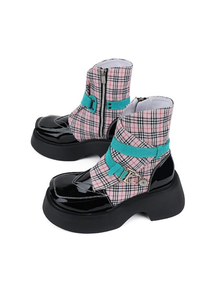 Niche Punk Style Plaid Pattern Side Zip Martin Boots – BellaModa