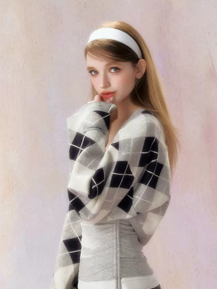 Argyle Pattern Knit Shawl Sweater – BellaModa