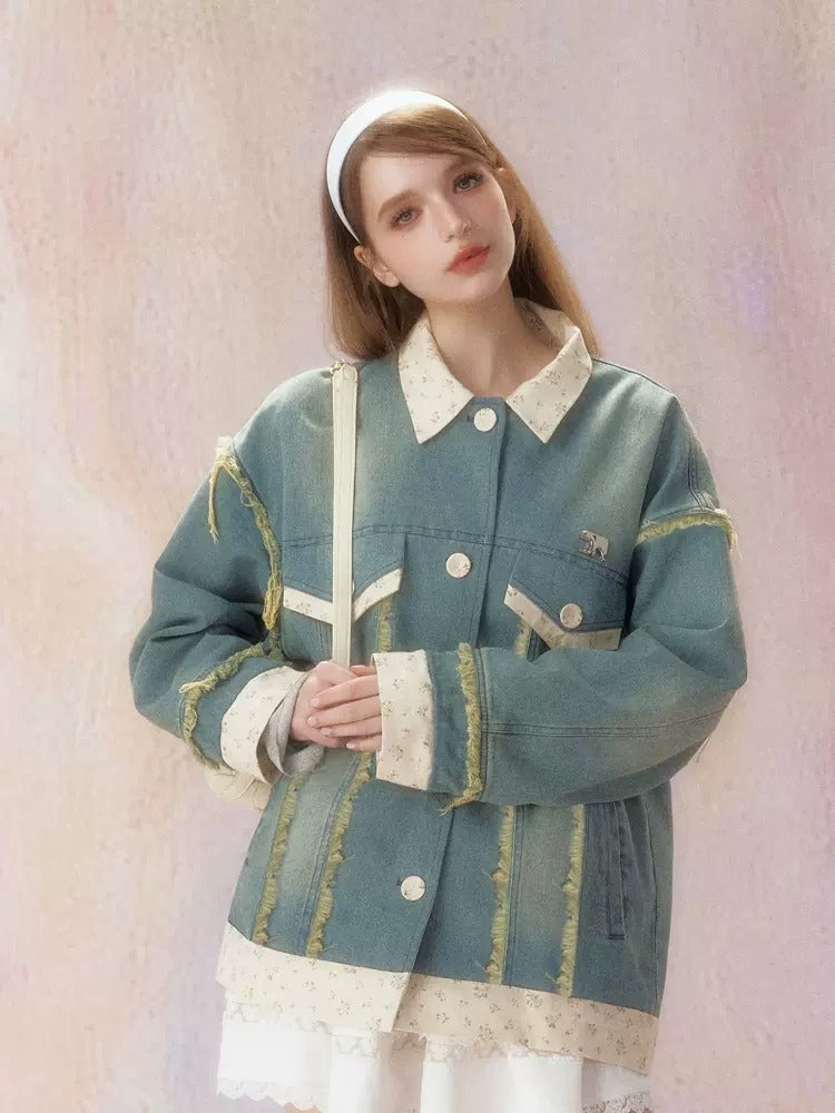 Floral Splicing Washed Draw Edge Denim Jacket – BellaModa